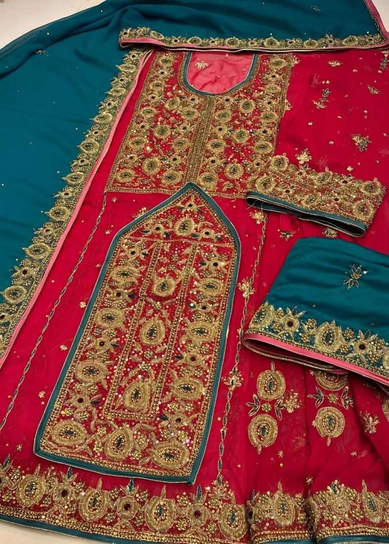 Balochi Bridal Dress: Elegant Hand-Embroidered 3-pcs Chiffon Suit